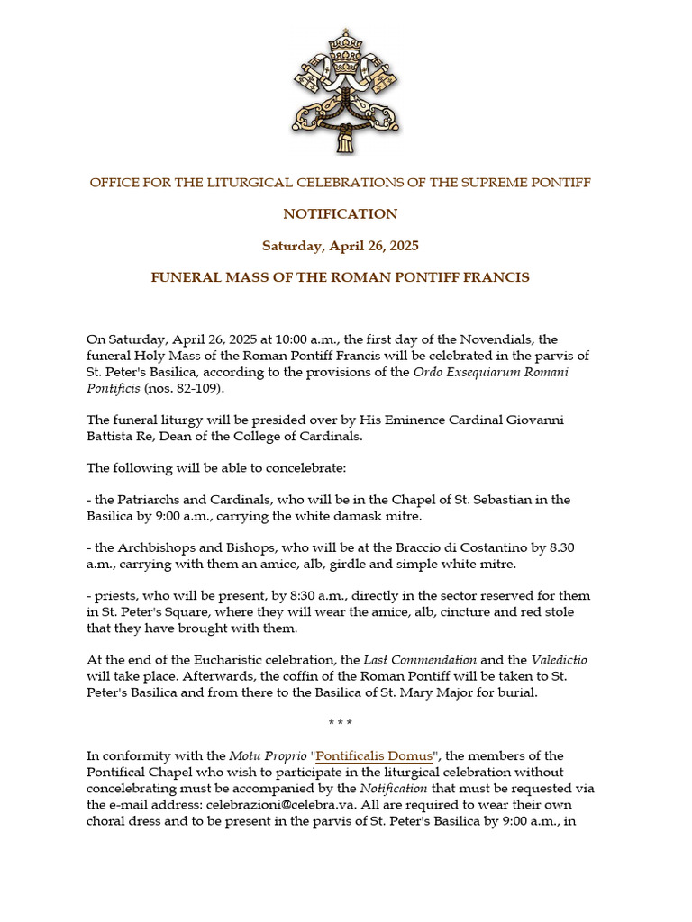Funeral Mass of The Roman Pontiff Francis - 22042025 | PDF