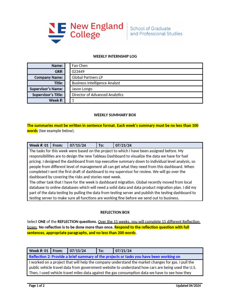 WEEKLY INTERNSHIP LOG (Rev 042024) | PDF | Fuel Economy In Automobiles ...