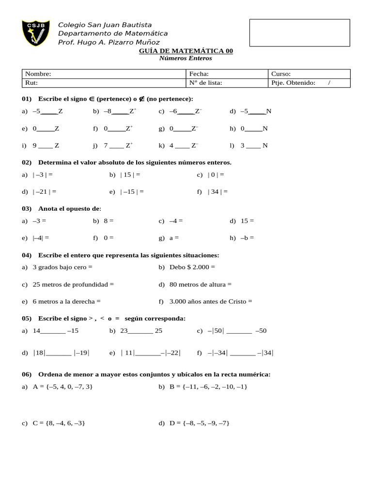 00. Guía 1° Medio (Números Enteros) | PDF | Entero | Matemáticas