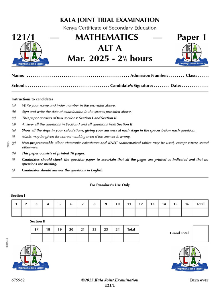 Kala Mathematics Paper 1 2025 Term 1 | PDF | Mathematics