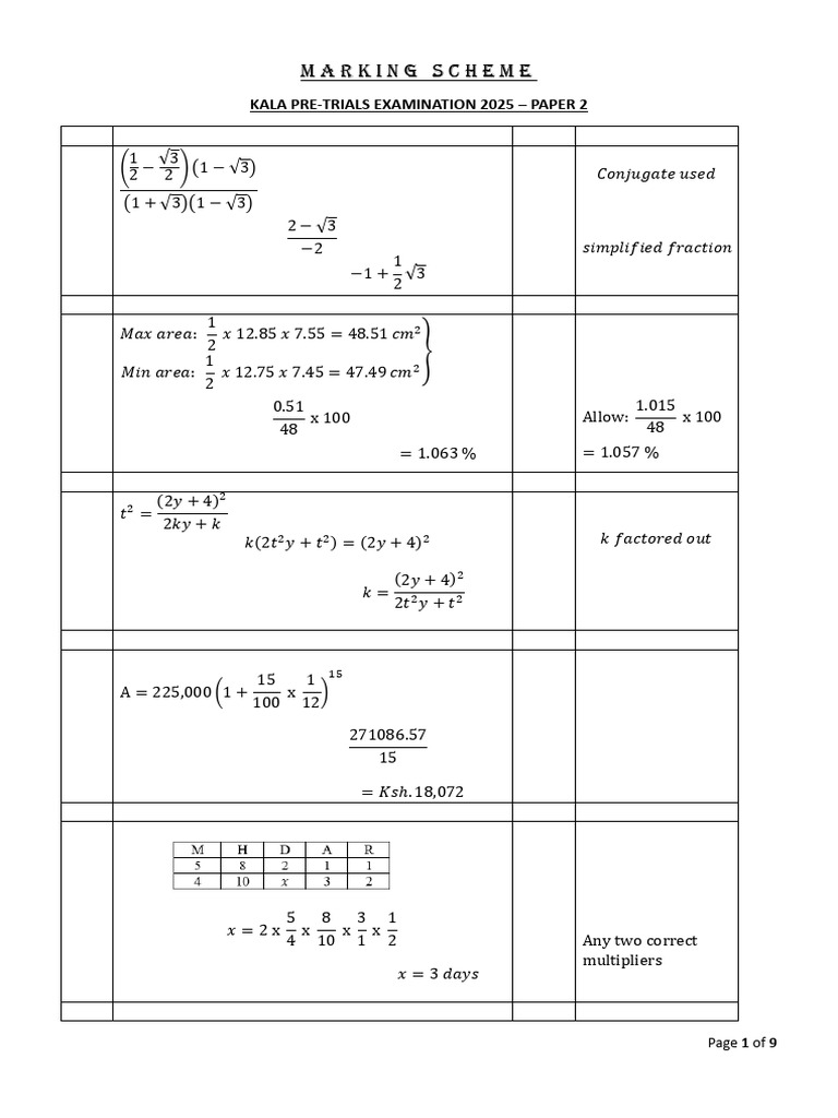 Marking Scheme - KALA Pre-Trials, 2025 P2 | PDF | Subtraction | Mathematics