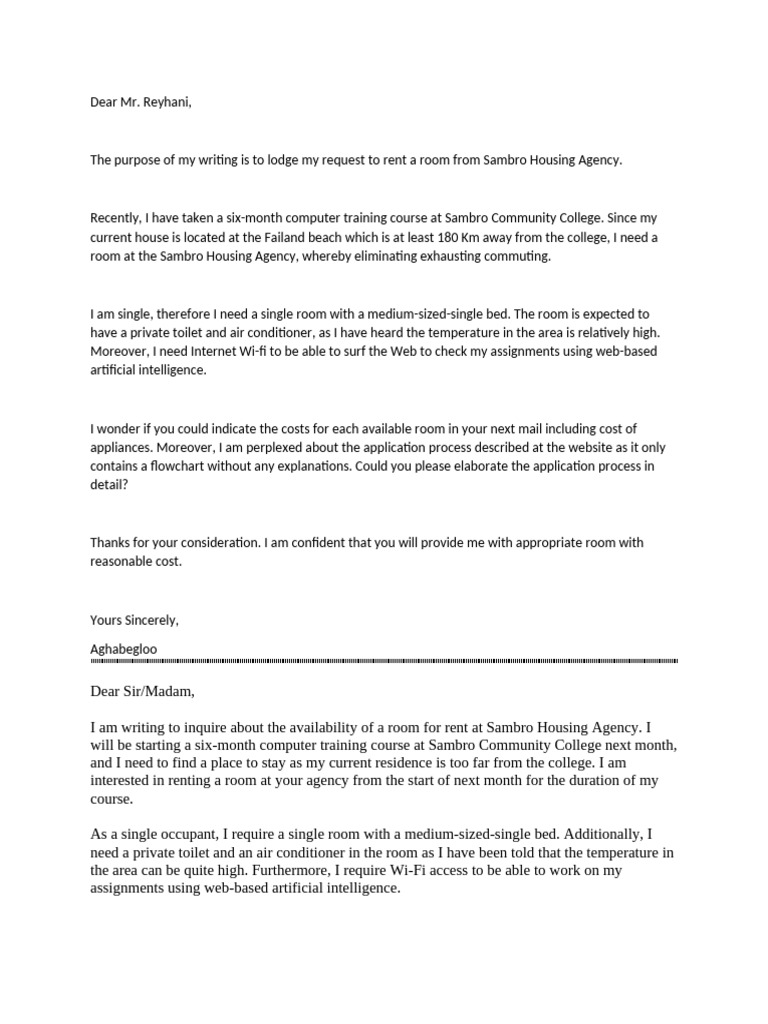 Room Rental Inquiry for Sambro Housing | PDF