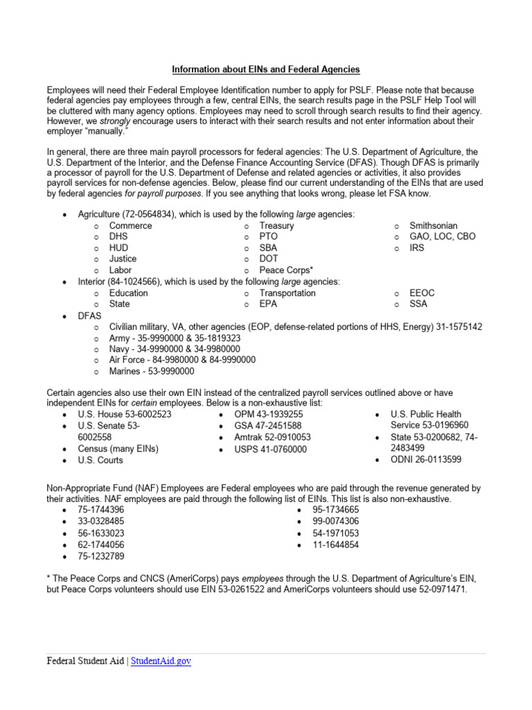 Federal Agency EINs for Payroll | PDF | Payroll | Government