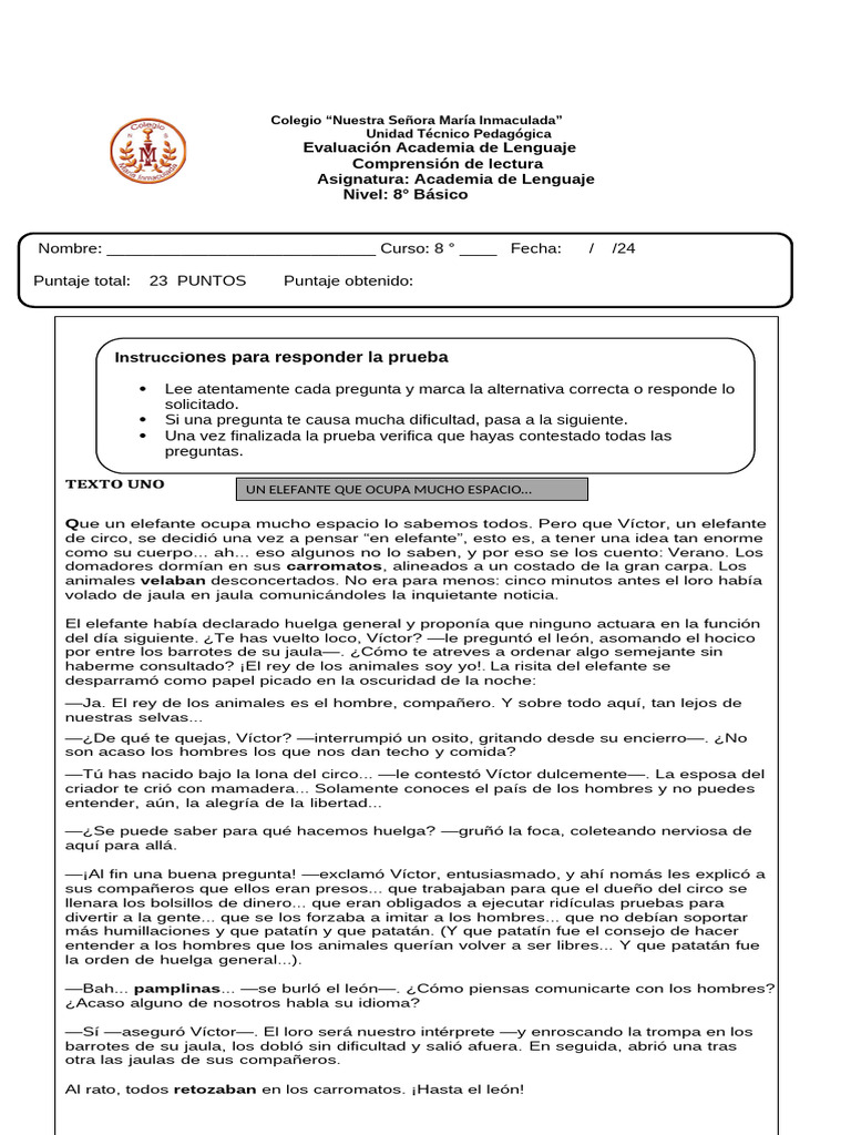 Evaluación academia de lenguaje 8vos | PDF | Amor | Circo