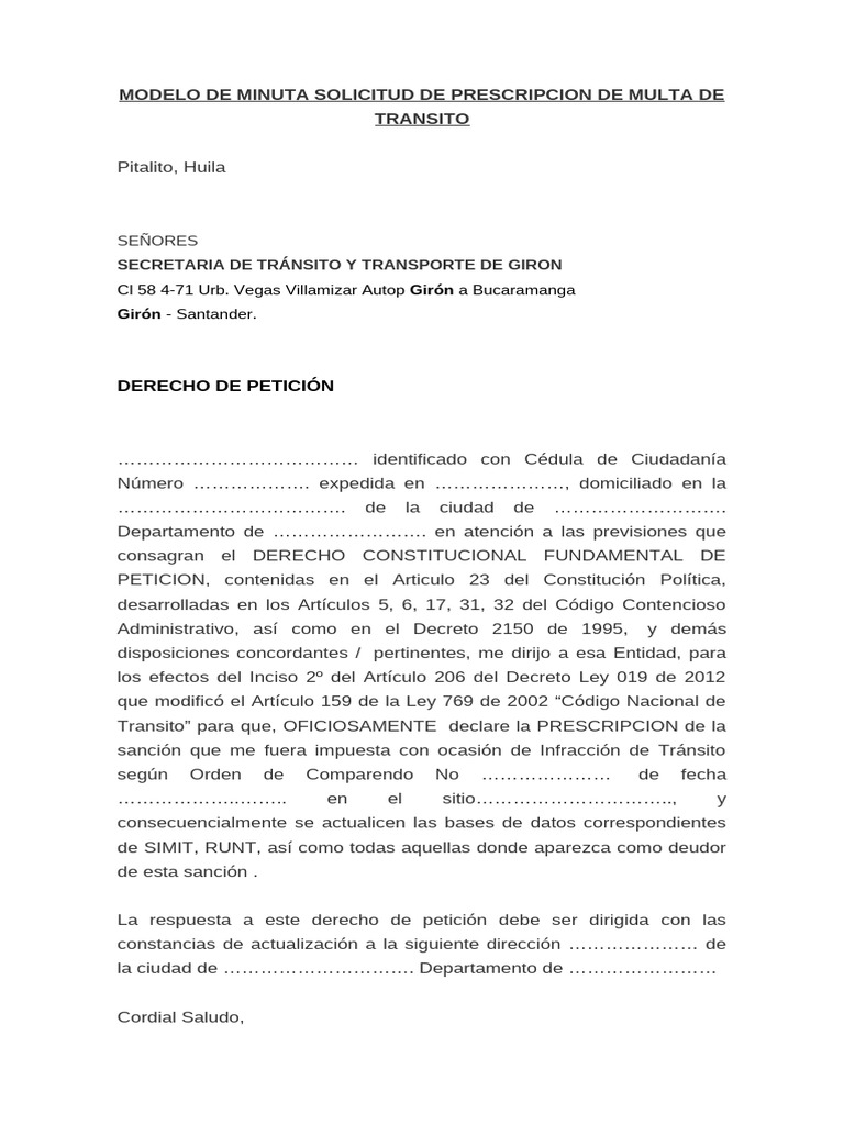 Modelo de Prescripcion de Multa de Transito | PDF