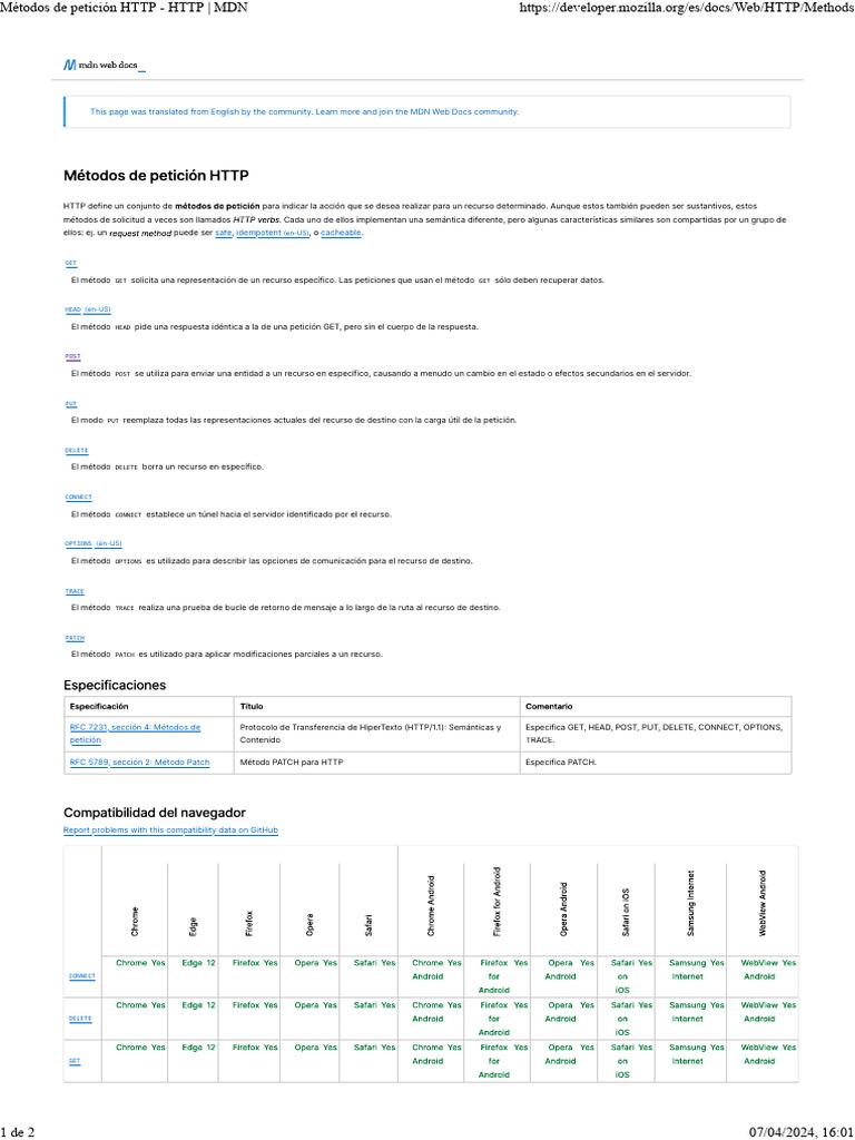 Métodos de Petición HTTP - HTTP MDN | PDF | Estándares informáticos ...