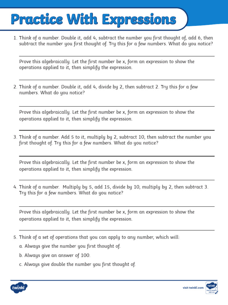Algebraic Expression Practice Exercises | PDF