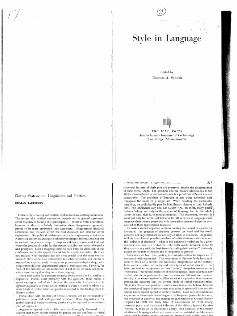 Roman Jakobson - Style in Language - Closing Statement - Linguistics ...
