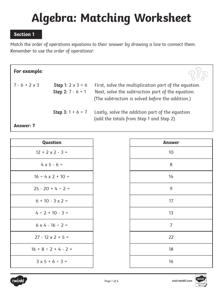 Fifth Grade Algebra Matching Worksheet | PDF | Equations | Algebra