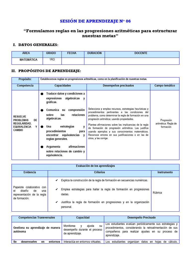 SESIÓN DE APRENDIZAJE 06-"Formulamos Reglas en Las Progresiones Aritméticas para Estructurar ...