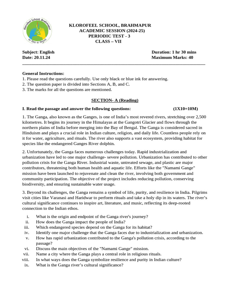 Class 7 PT 3 English Question Paper | PDF | River | Environment