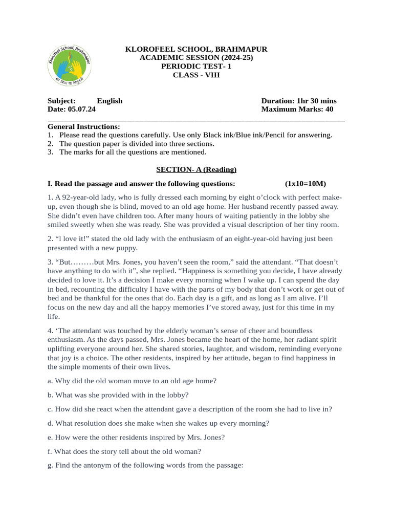 Class 8 English Periodic Test 1 Paper | PDF
