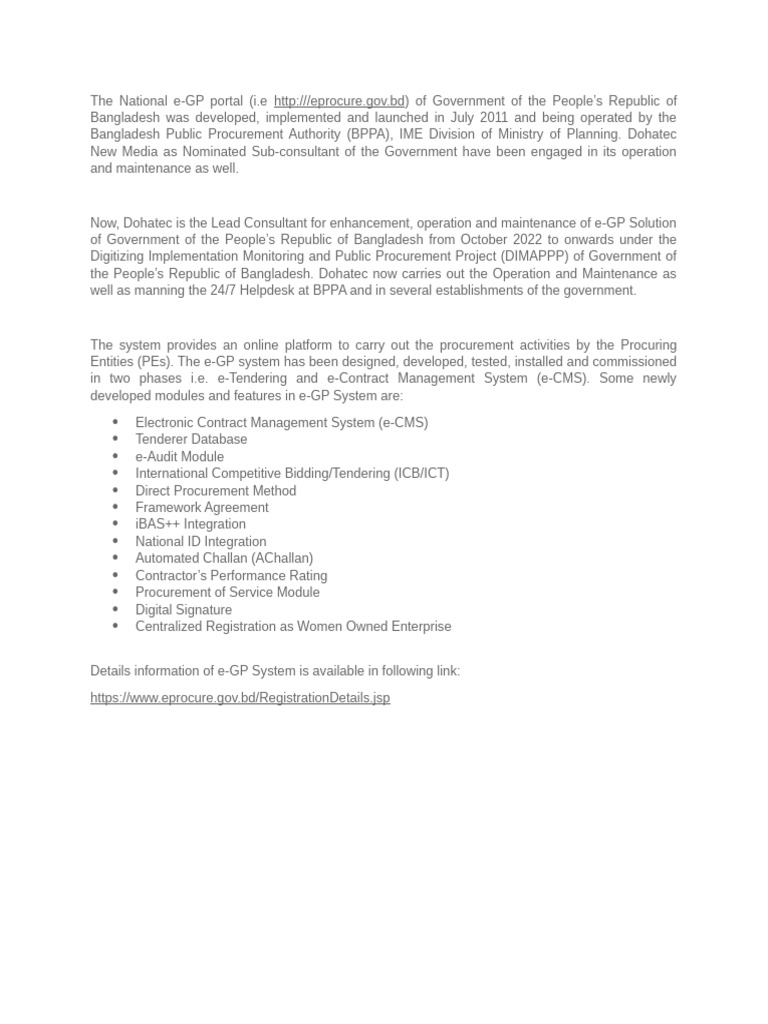 Write Up For Dohatec Webpage About E-GP Bangladesh | PDF