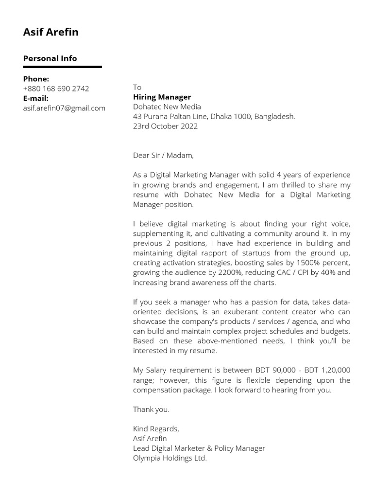 Asif-Arefin-Cover-Letter-Resume | PDF | Digital Marketing | Marketing