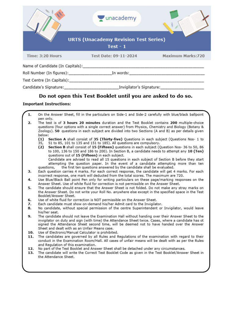 NEET Pre-Medical Test Instructions & Format | PDF | Physical Quantities ...