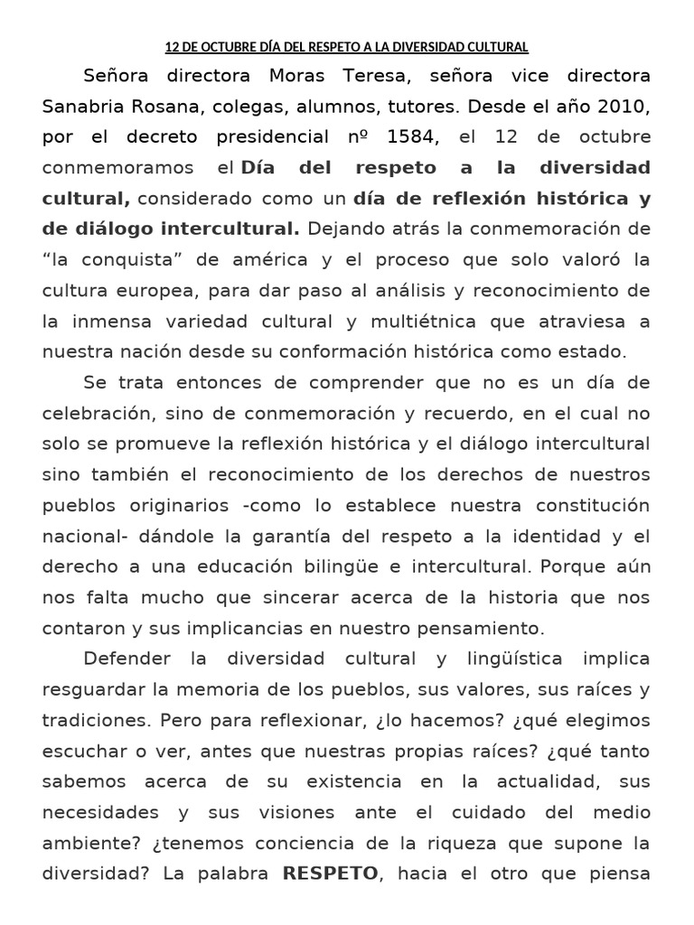 Discurso Día Del Respeto A La Diversidad Cultural | PDF