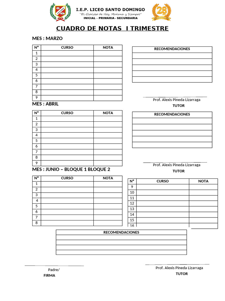Cuadro de Notas I Trimestre | PDF