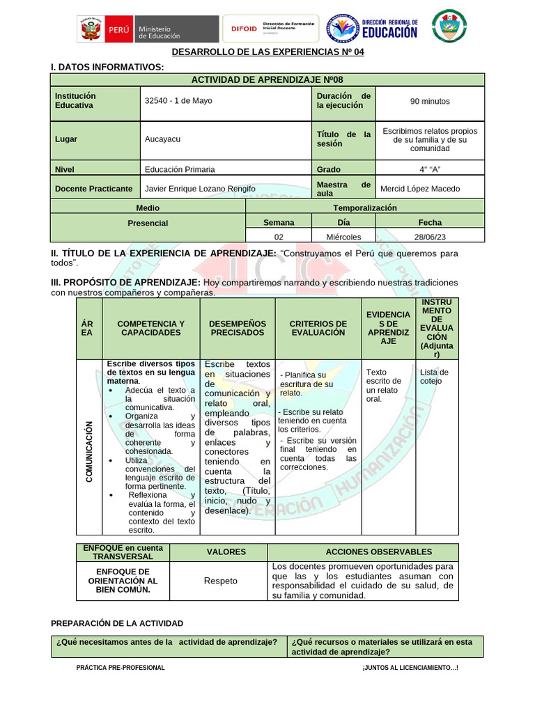 Sesion de Comunicacion - Escribimos Relatos Propios de Su Familia y de Su Comunidad | PDF ...