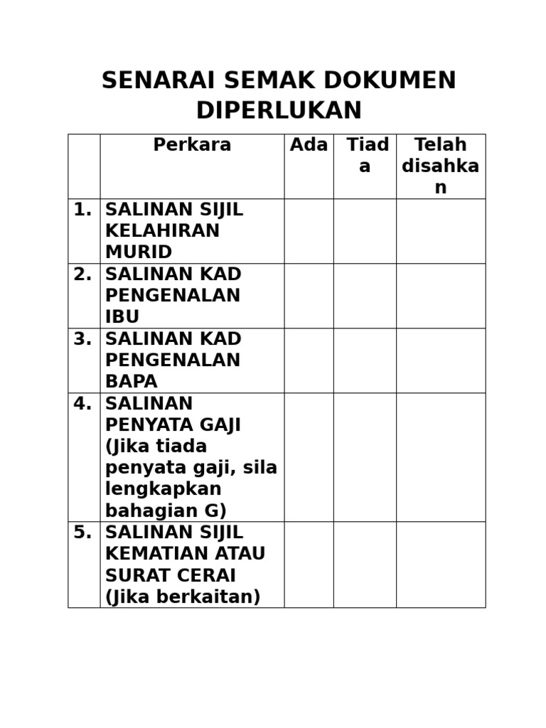 Senarai Semak Dokumen Diperlukan | PDF