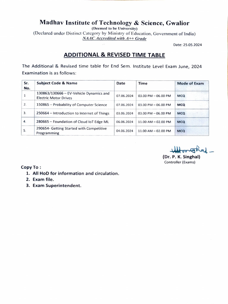 Additional and Revised Time Table Institute Level Exam | PDF