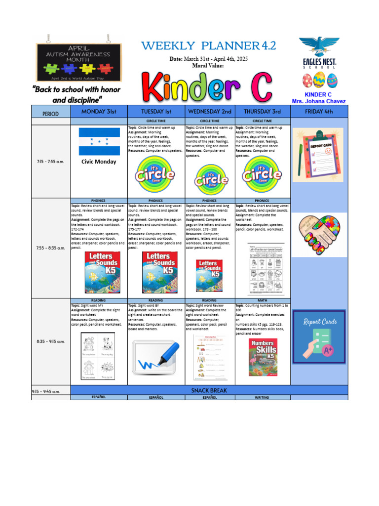4.2 Weekly Planner - XLSX - Kinder C | PDF | Worksheet