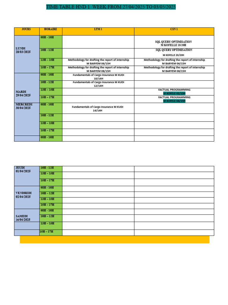 Time Table HND 1 Week 26 | PDF