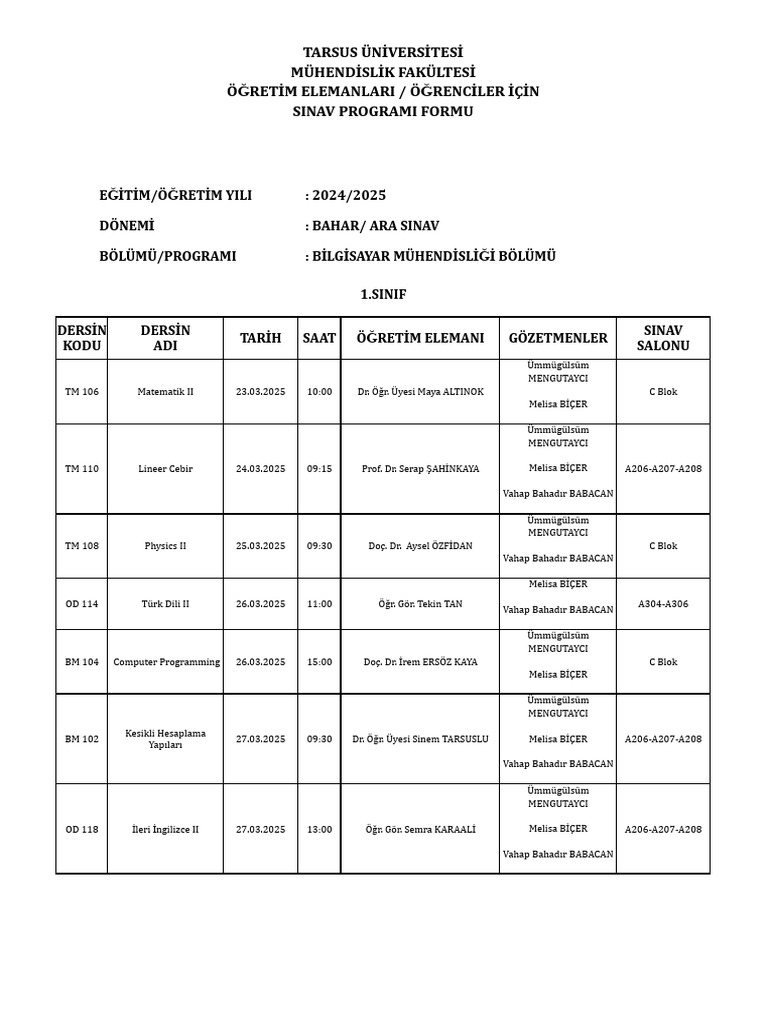 BM 2024-2025 Bahar Vize Programı | PDF