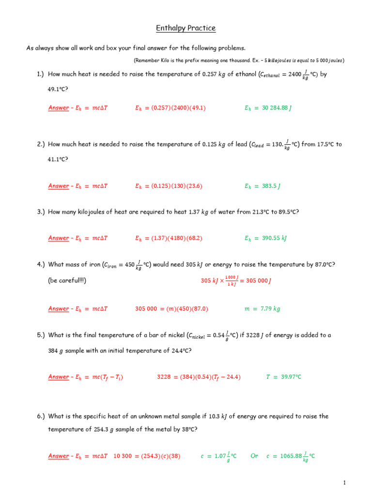 Enthalpy Calculations and Practice Problems | PDF | Heat | Transport ...