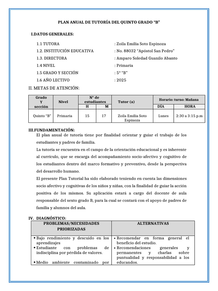 Plan Lector y Tutoria Quinto Grado B | PDF | Maestros | Salón de clases
