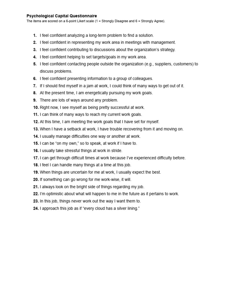 Psychological Capital Questionnaire PDF | PDF