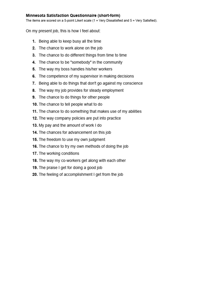 Minnesota Satisfaction Questionnaire (Short-Form) | PDF