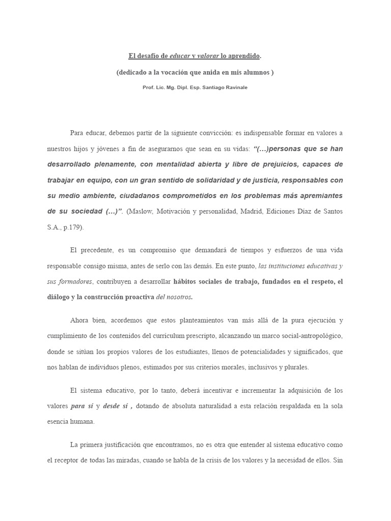 El Desaf-O de Educar y Valorar Lo Aprendido | PDF