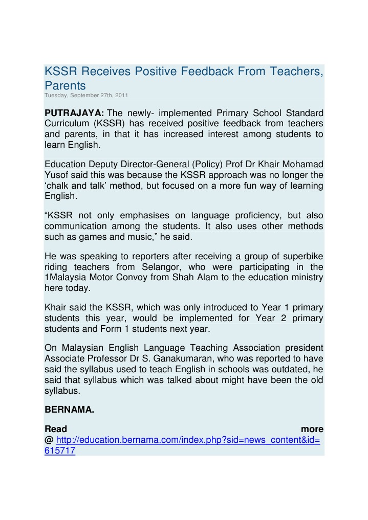 KSSR Receives Positive Feedback From Teachers | PDF | Teachers | Curriculum
