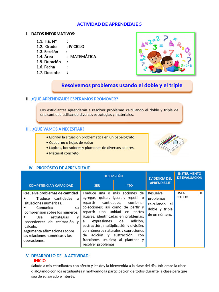 D5 A1 SESION MAT. Resolvemos Problemas Usando El Doble y El Triple | PDF