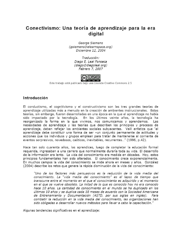 Conectivismo - Una Teoría de Aprendizaje para La Era Digital - PDF Descargar Libre | PDF