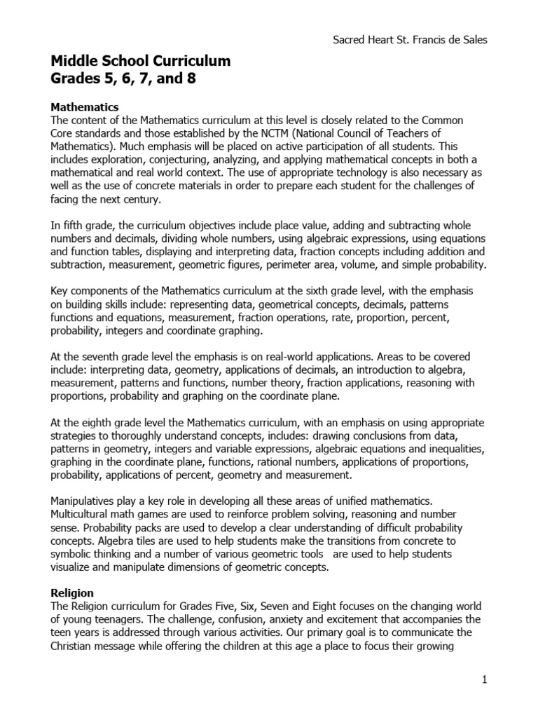 Sacred Heart School Middle School Curriculum | PDF | Mathematics | Geometry