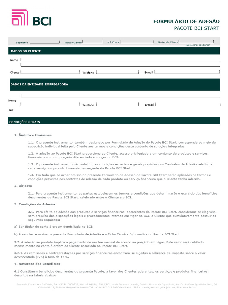 Formulario de Adesao Pacote BCI Start Cad6030633 | PDF | Economias