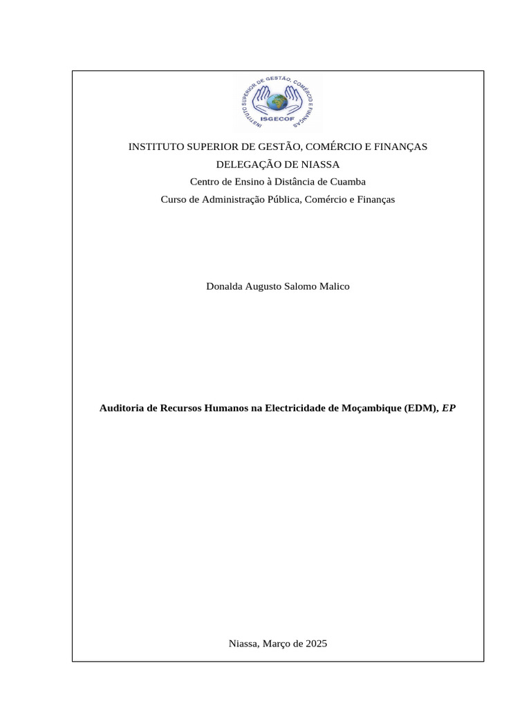Trabalho-Isgecof - Auditoria de Recursos Humanos Na EDM - (Gestão de ...