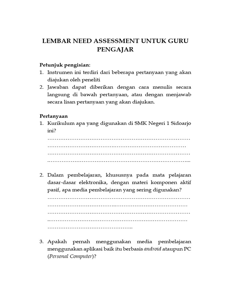 Lembar Need Assessment Untuk Guru Pengajar | PDF