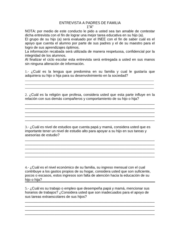 Entrevista a Padres sobre Educación Infantil | PDF | Cognición ...