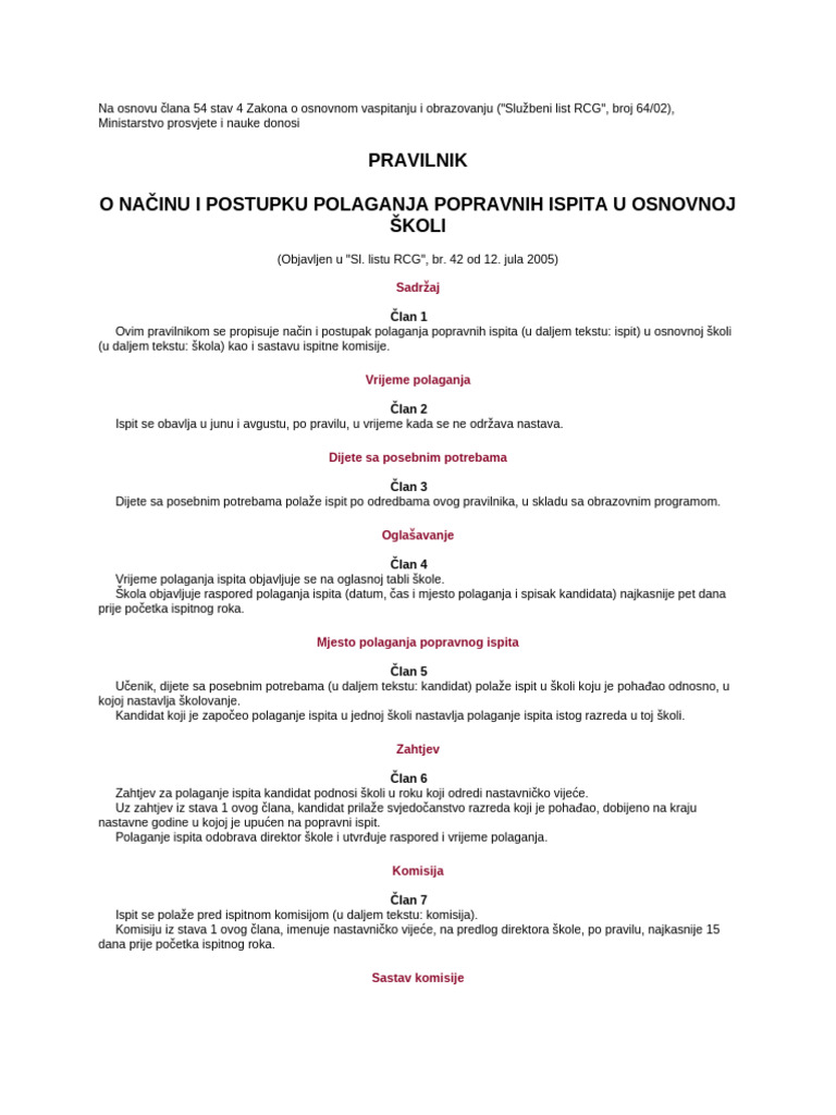 Pravilnik o Načinu I Postupku Polaganja Popravnih Ispita U Osnovnoj Školi | PDF