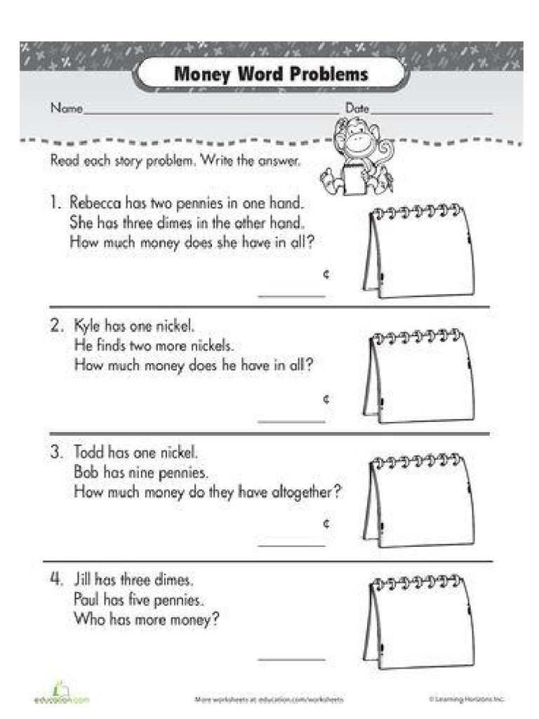 Penny, Nickel, Dime Word Problems - Worksheet - Education - Com | PDF