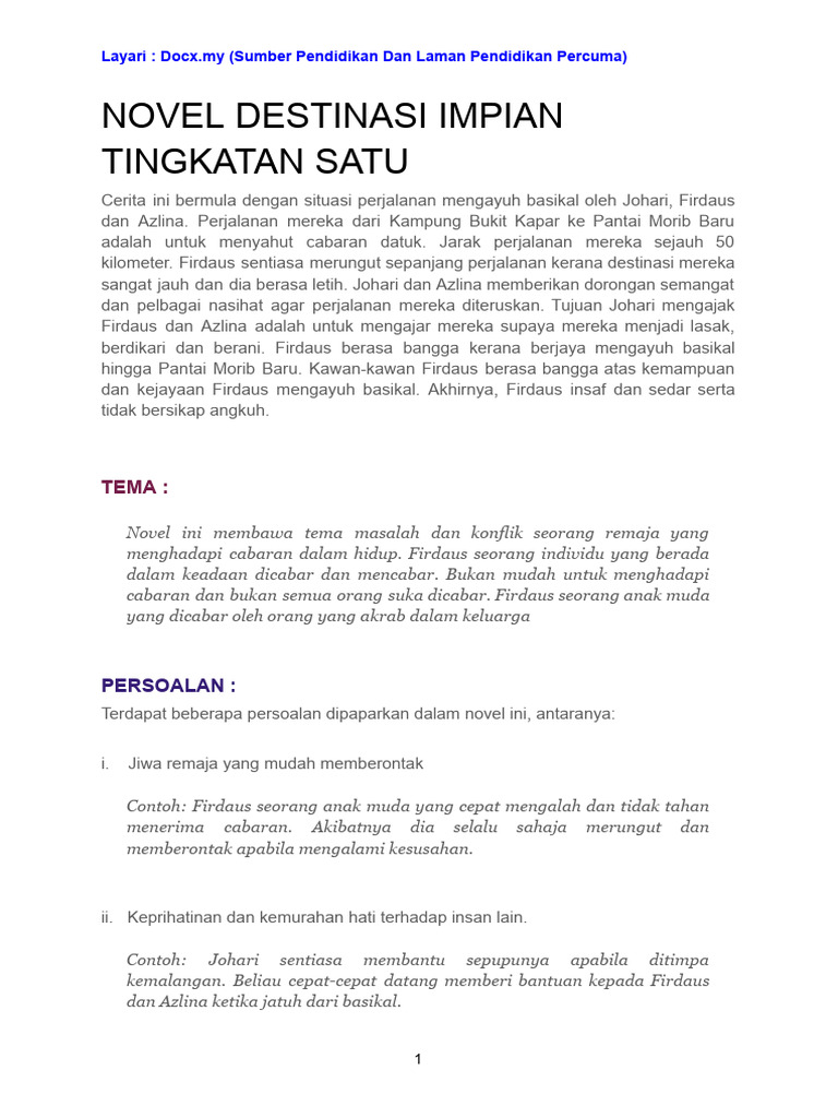 Novel Destinasi Impian Tingkatan Satu | PDF