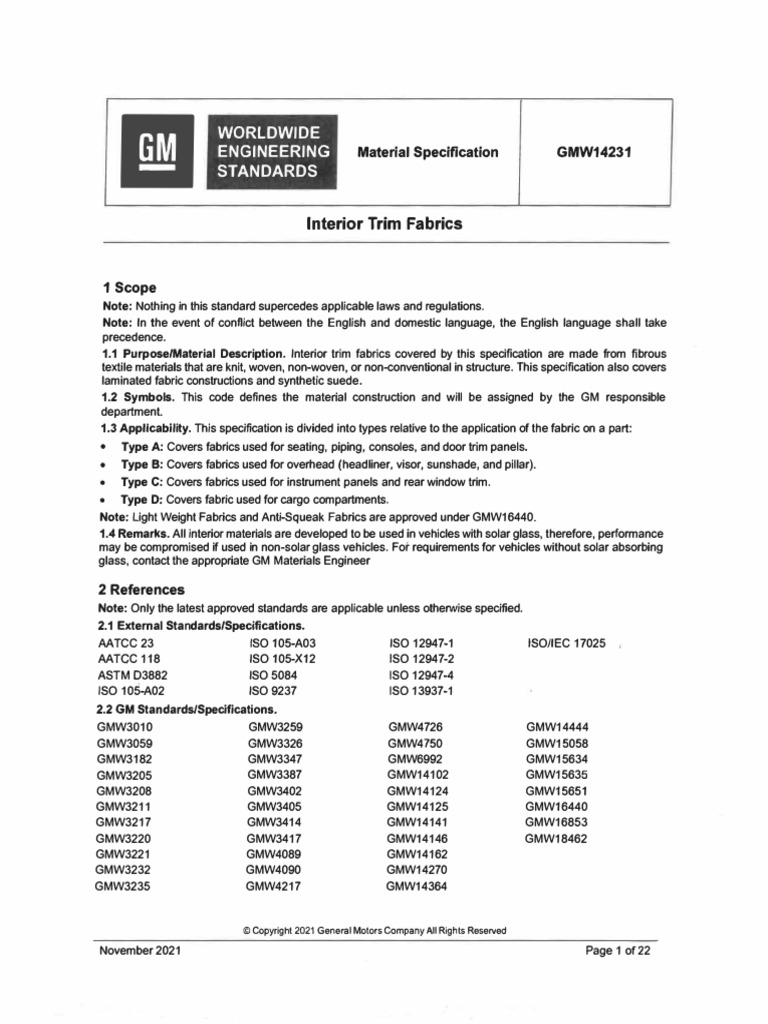 GMW 14231 - Nov 2021 - Mat Spec Interior Trim | PDF | Textiles | Specification (Technical Standard)