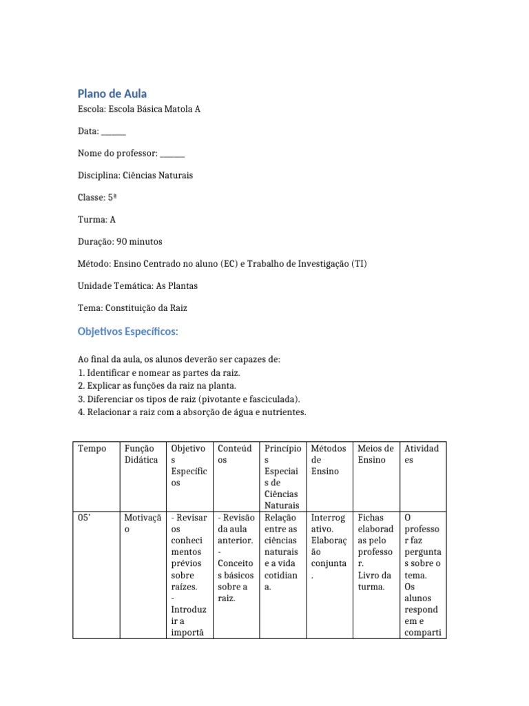 Plano de Aula Ciencias Naturais | PDF | Raiz | Science