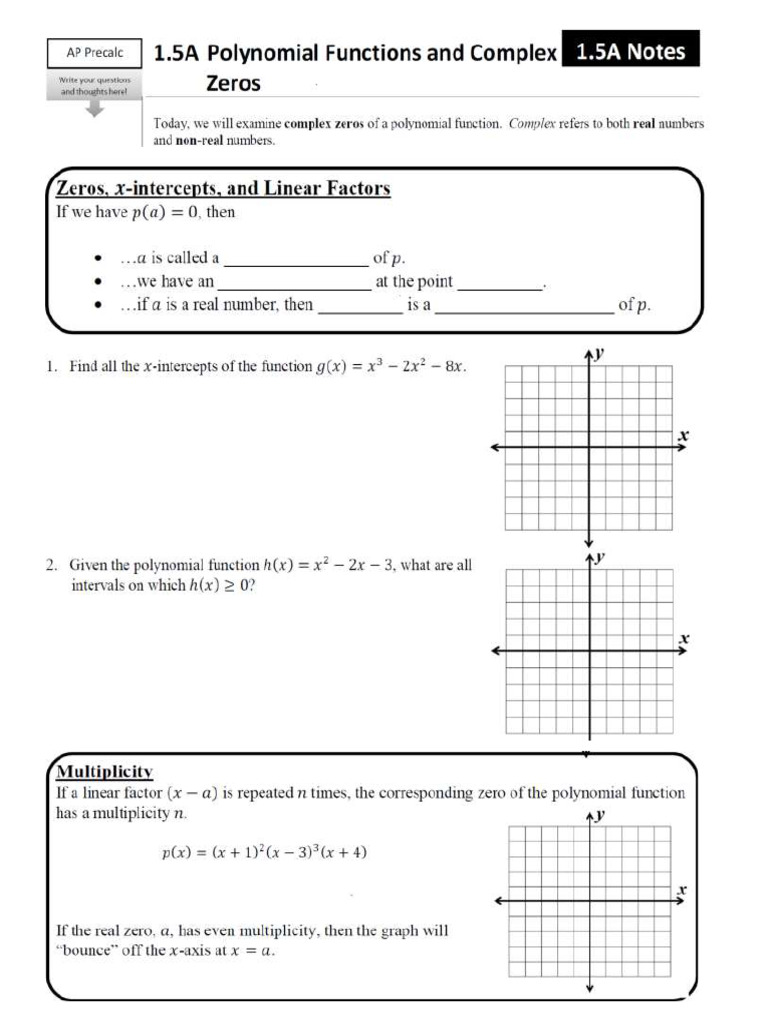 1.5A Polynomial Functions and Complex Zeros - For Print (09-01-23) | PDF