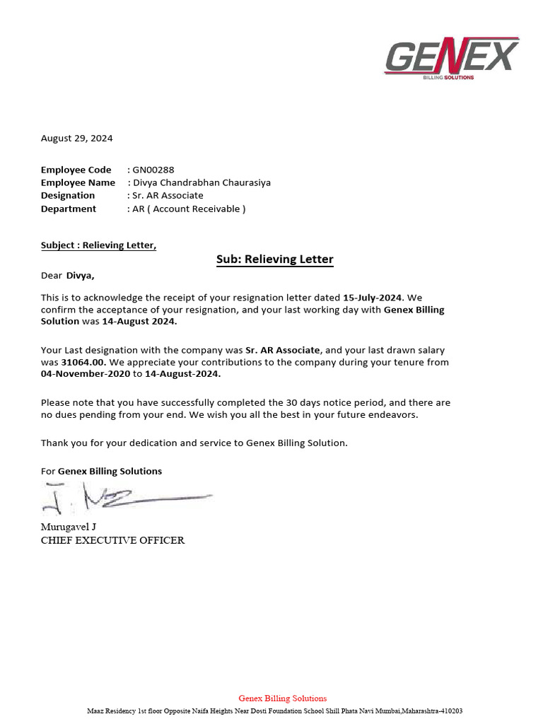 Relieving Letter for Divya Chaurasiya | PDF