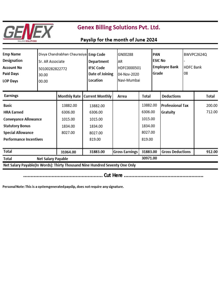 June 2024 Payslip for Genex Employee | PDF