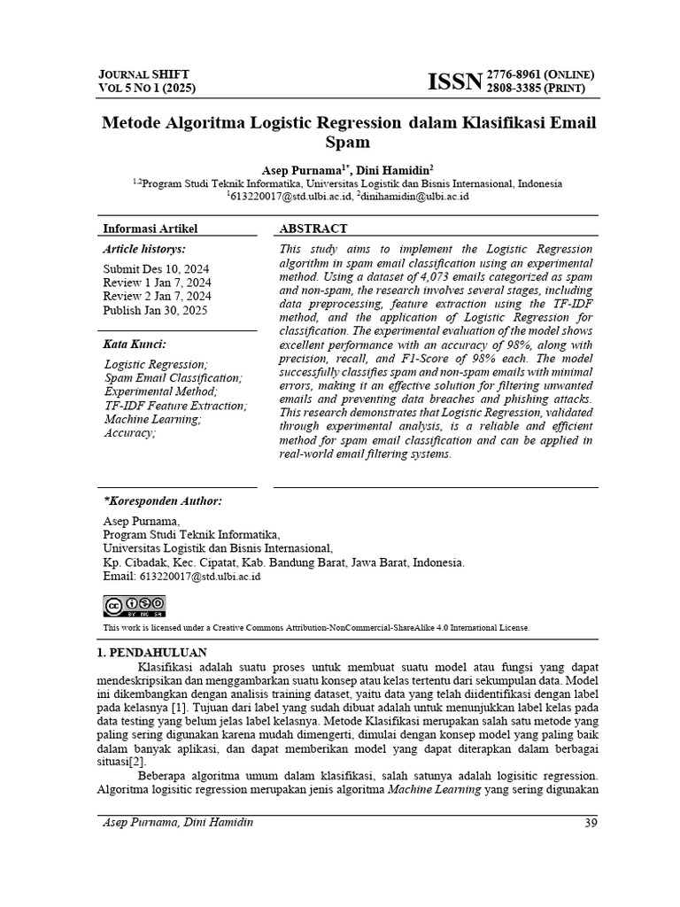 Metode Algoritma Logistic Regression Dalam Klasifikasi Email Spam | PDF