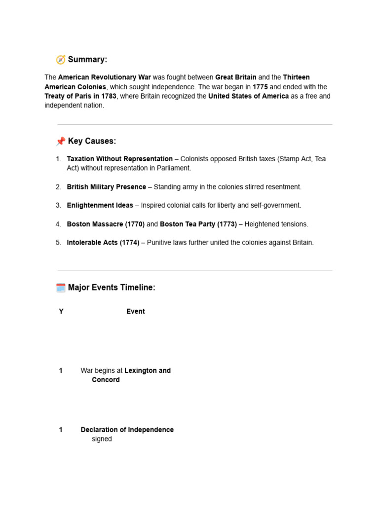 American Revolutionary War Notes and Summary | PDF